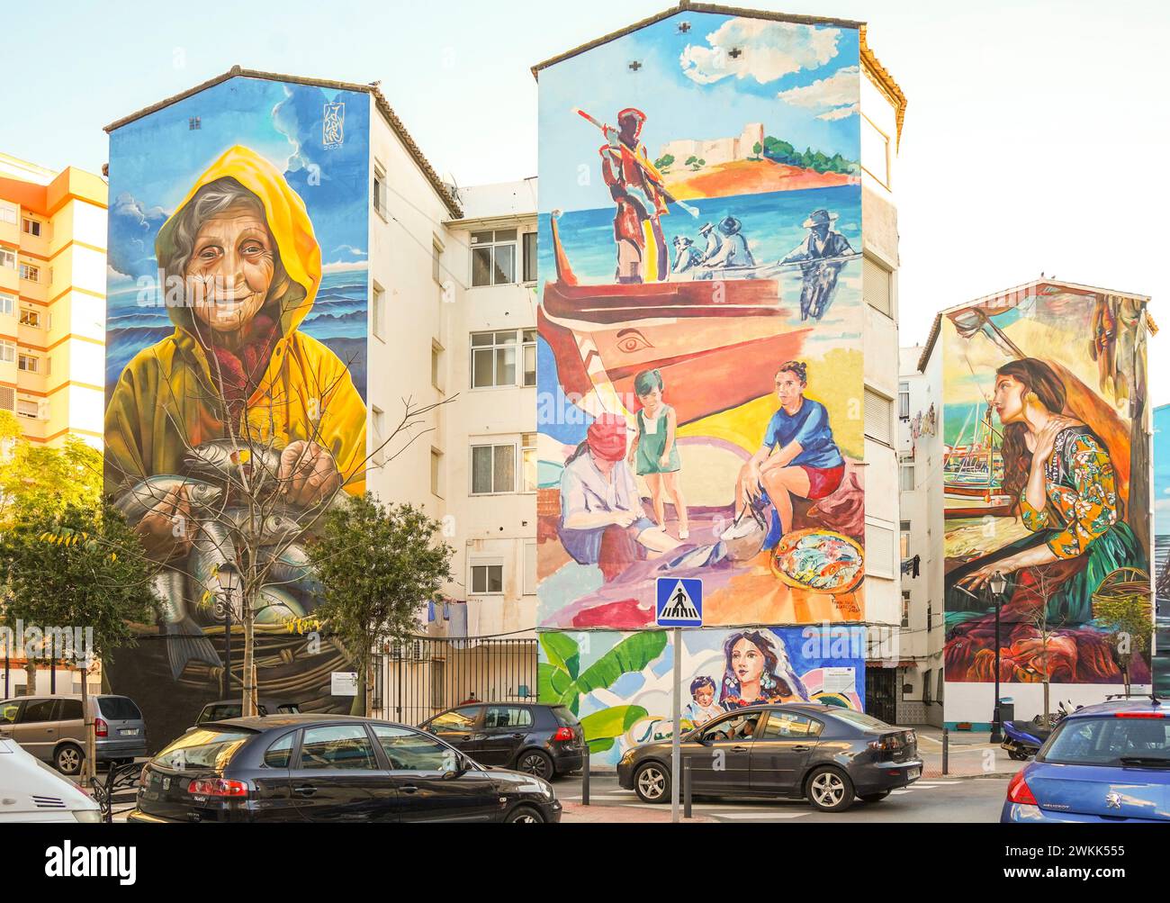 Mural paintings on the facades of residential urban area in Fuengirola ...
