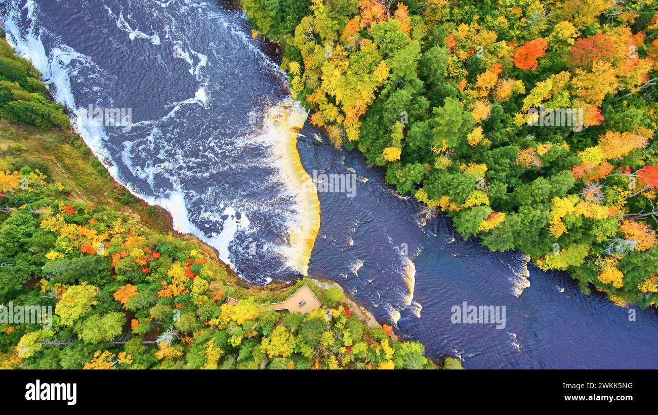 Aerial Top Down Autumn Splendor at Tahquamenon Falls with River Rapids ...