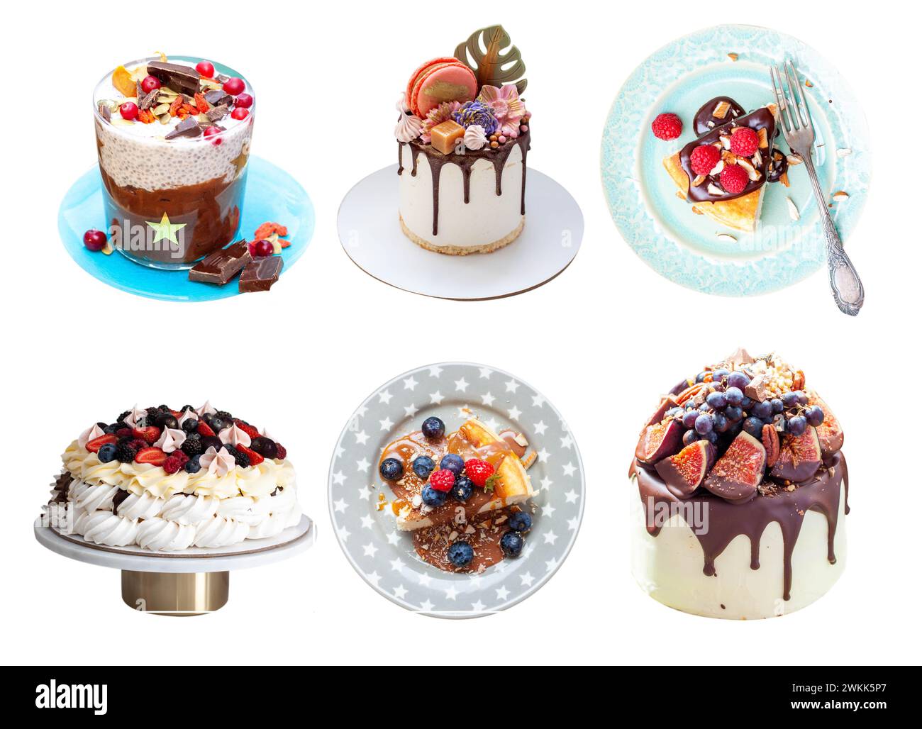 Set of isolated homemade desserts and cakes with fresh berries. Chia ...