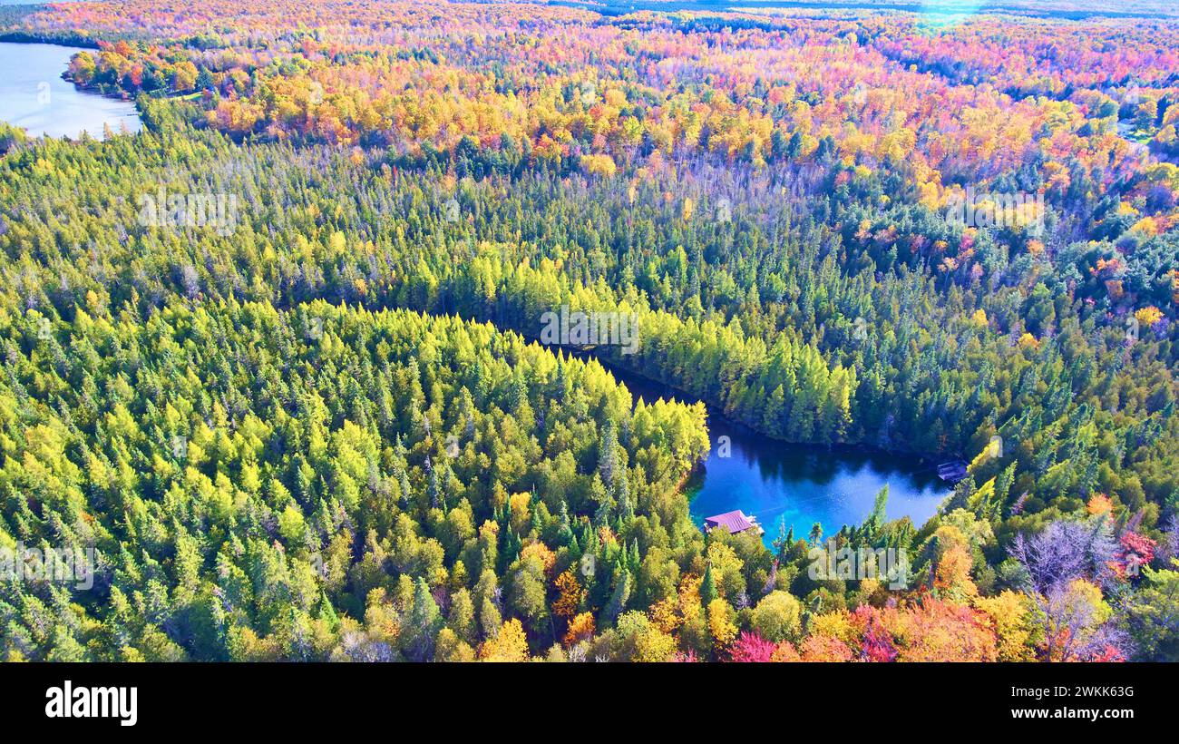 Aerial Autumn Forest with Lake and Cabin, Manistique, Michigan Stock ...