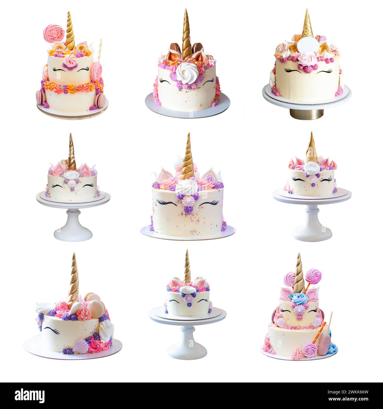 Set of beautiful birthday unicorn cakes with golden horns, eyelashes ...