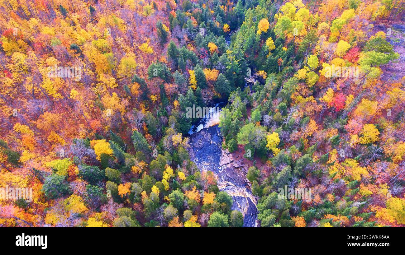 Aerial Autumn Forest Canopy and River Waterfall in Michigan Stock Photo ...