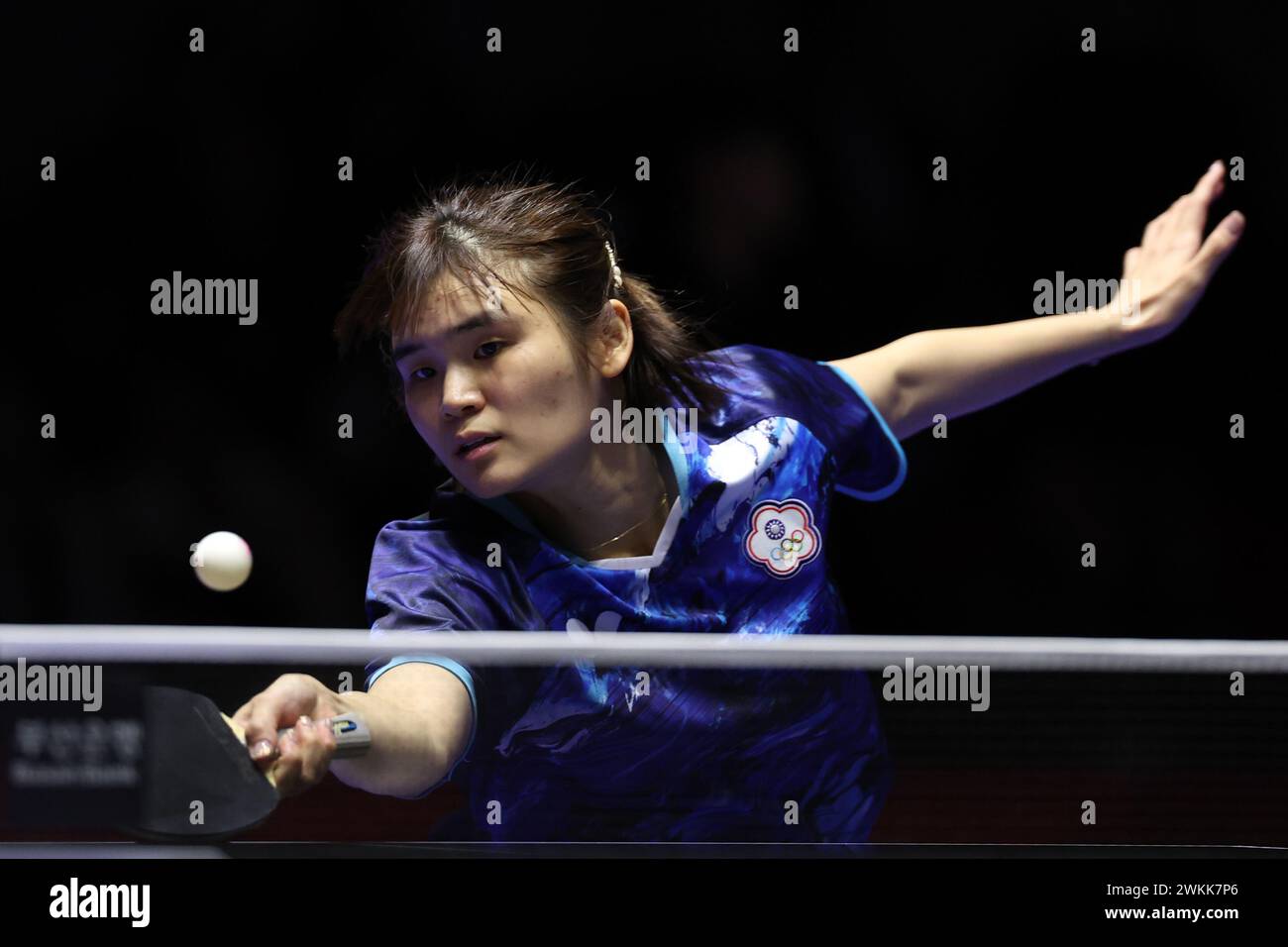 Busan, South Korea. 21st Feb, 2024. Li Yu-Jhun of Chinese Taipei returns the ball to Ayhika ...