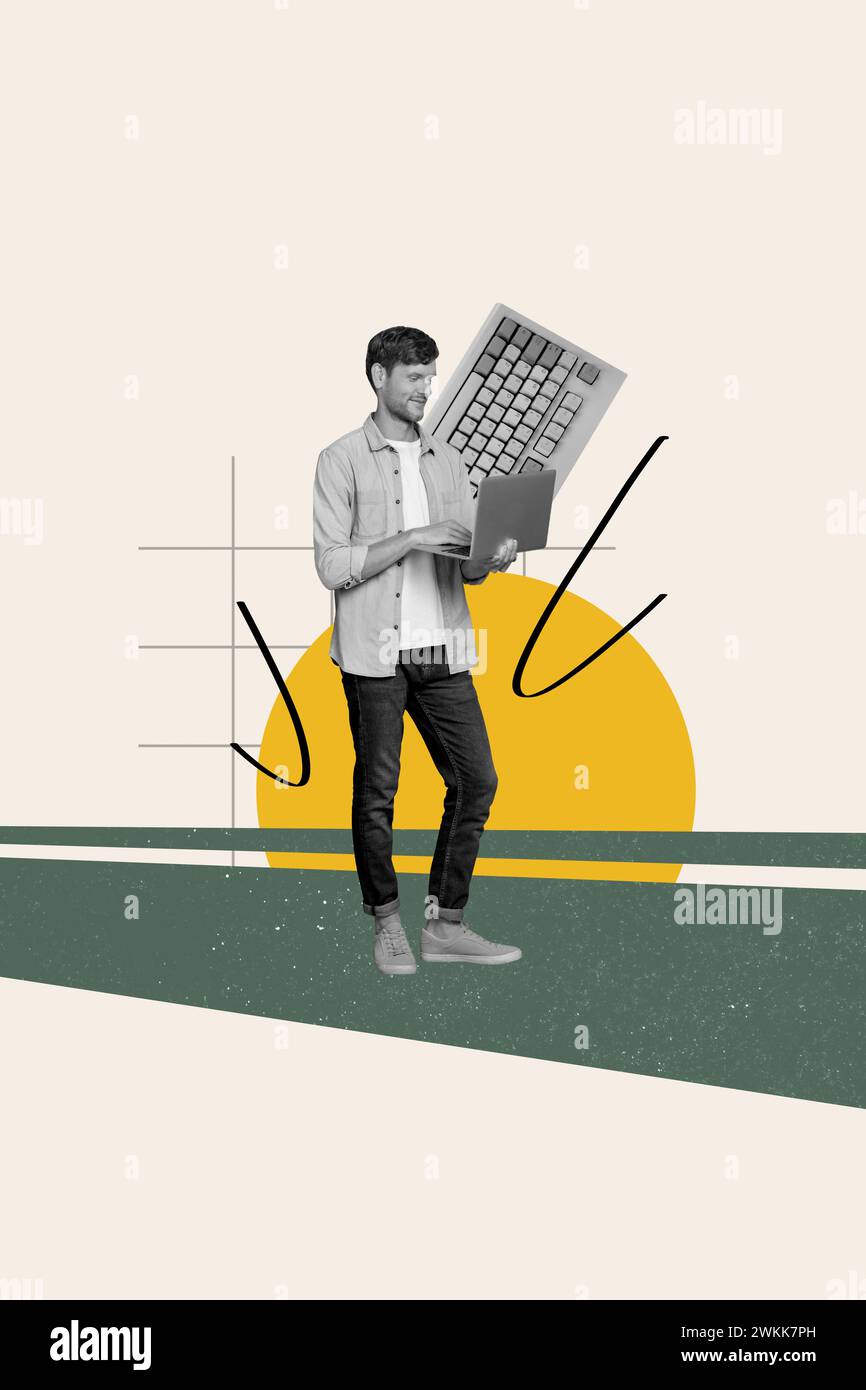 Magazine collage image of smiling confident worker programming modern ...