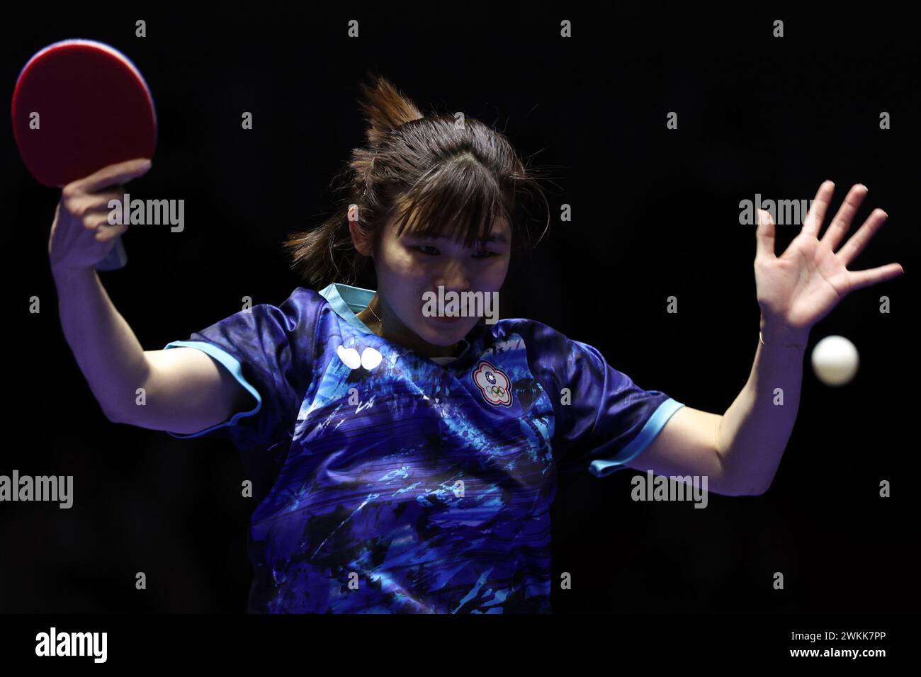 Busan, South Korea. 21st Feb, 2024. Li Yu-Jhun of Chinese Taipei returns the ball to Ayhika ...