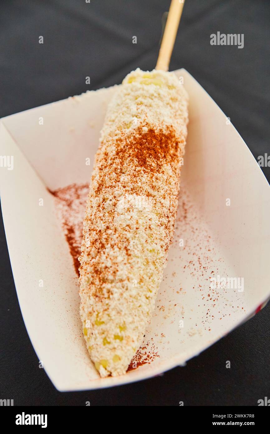 Authentic Elote Mexican Street Corn with Spices on Black Background ...