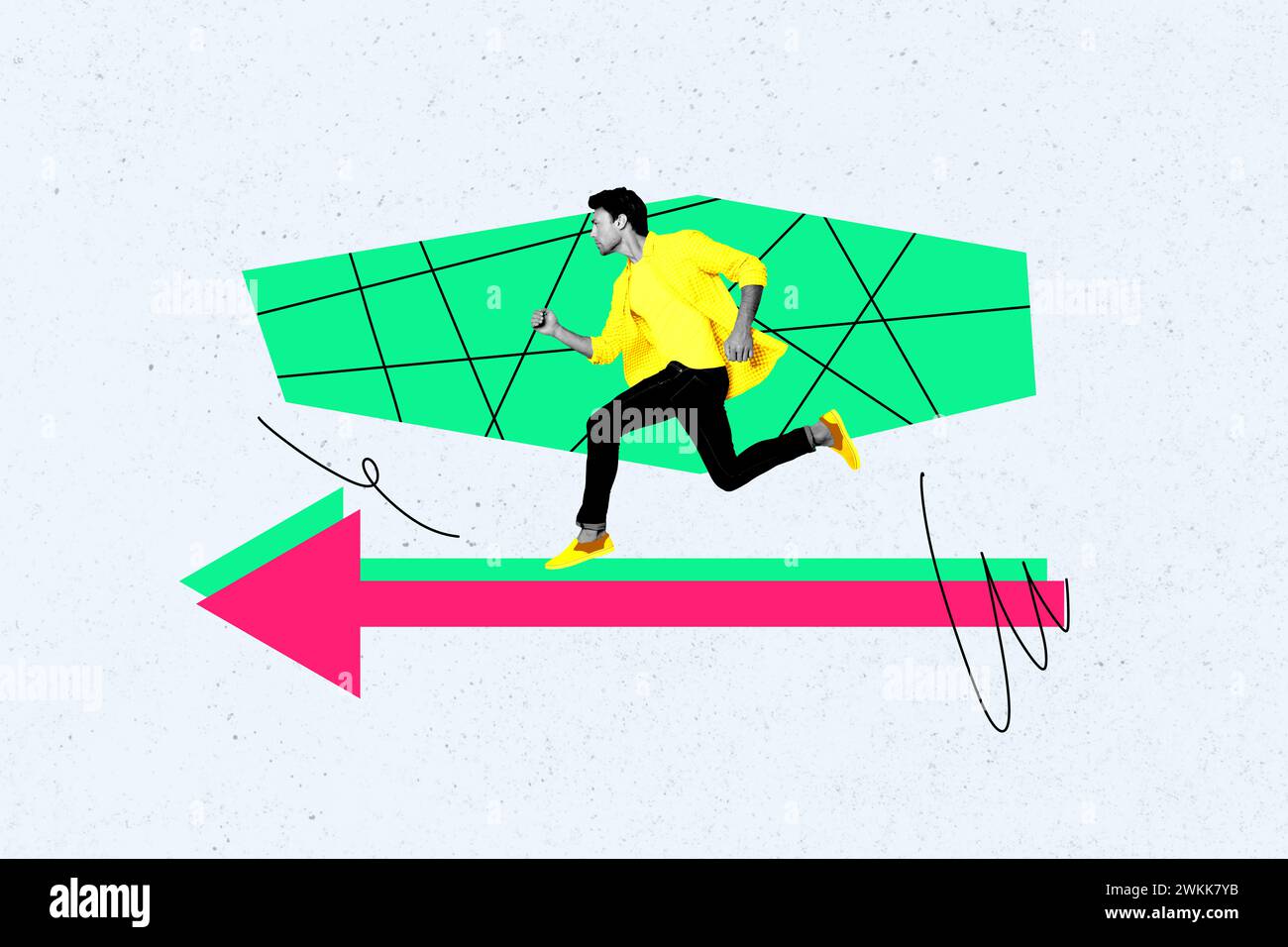 Composite collage picture image of funny man running fast arrow point ...