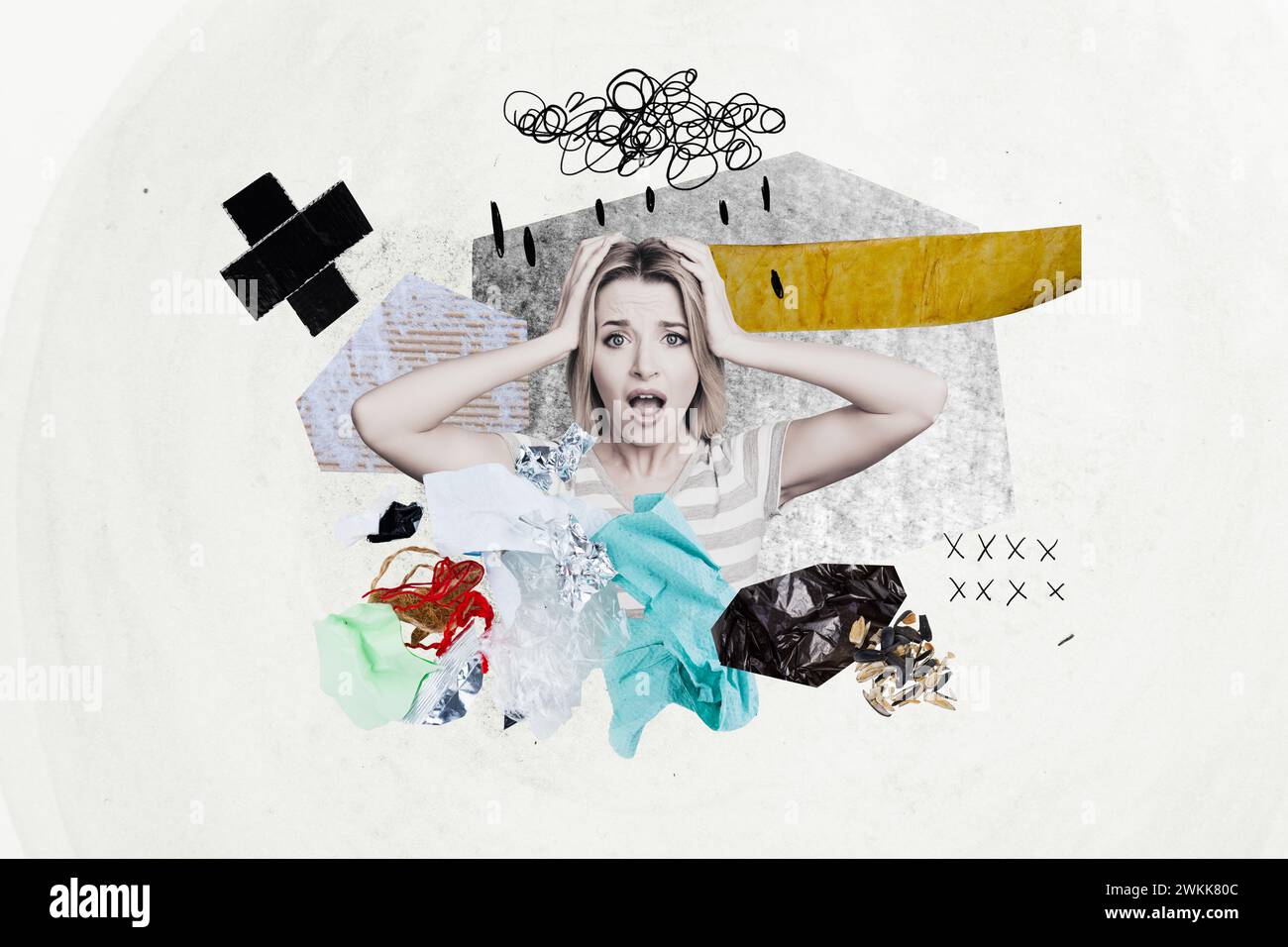 Creative photo image picture young scared frustrated worried girl touch ...