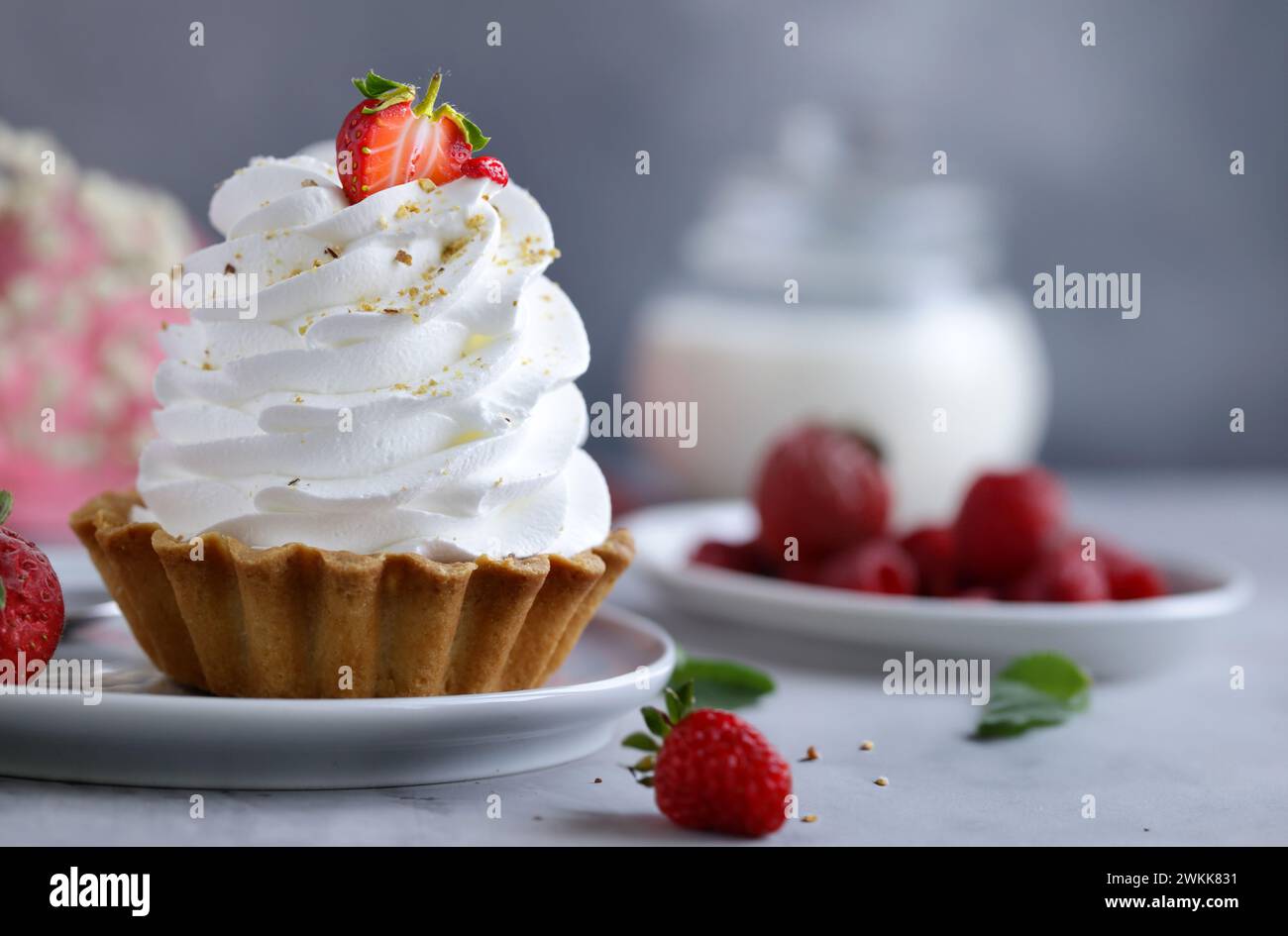 mini cake with meringue of shortbread dough for dessert Stock Photo - Alamy