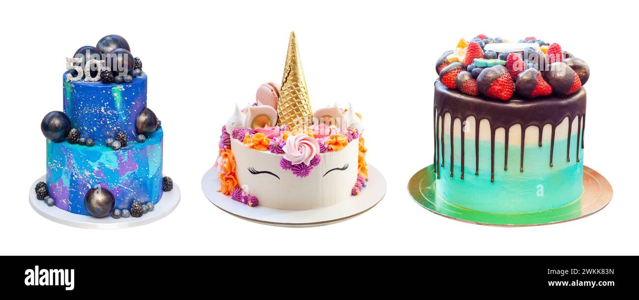 Beautiful celebration birthday cakes with colorful sprinkles, bonbons ...