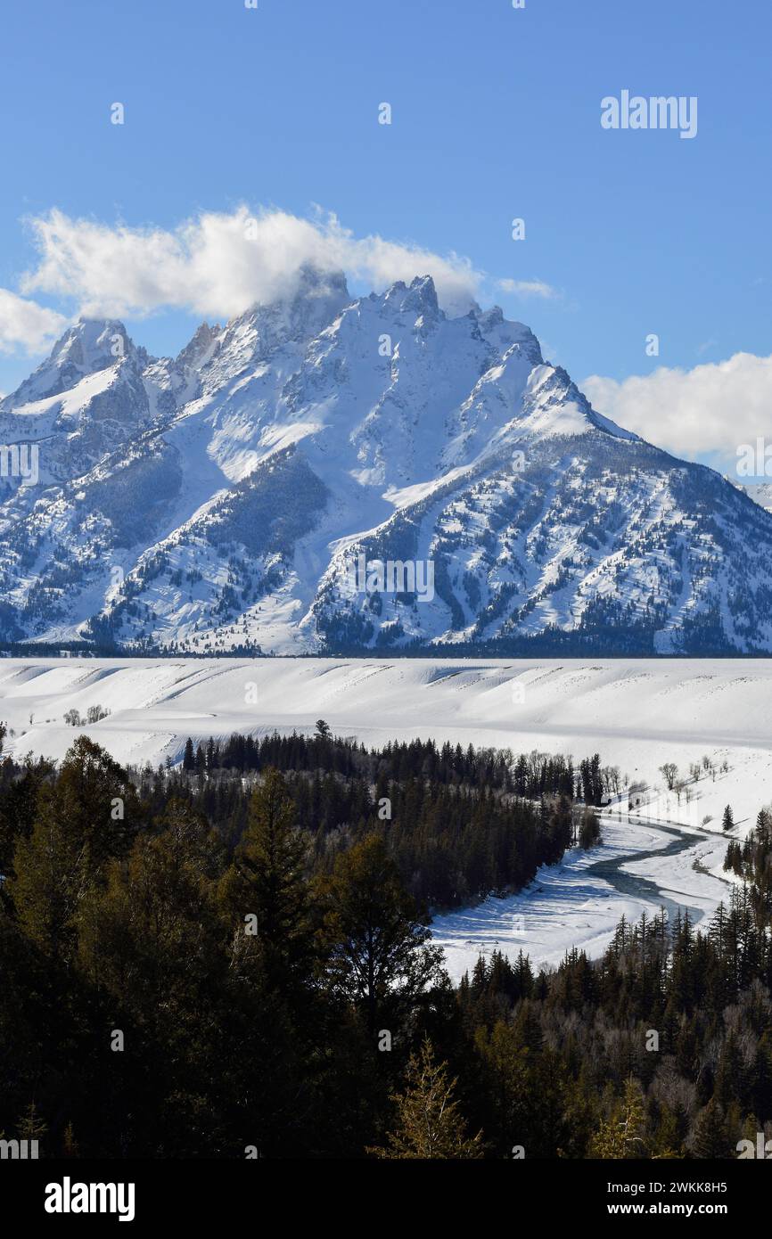 Snow covered Teton Range and Snake River on a nice winter day from ...