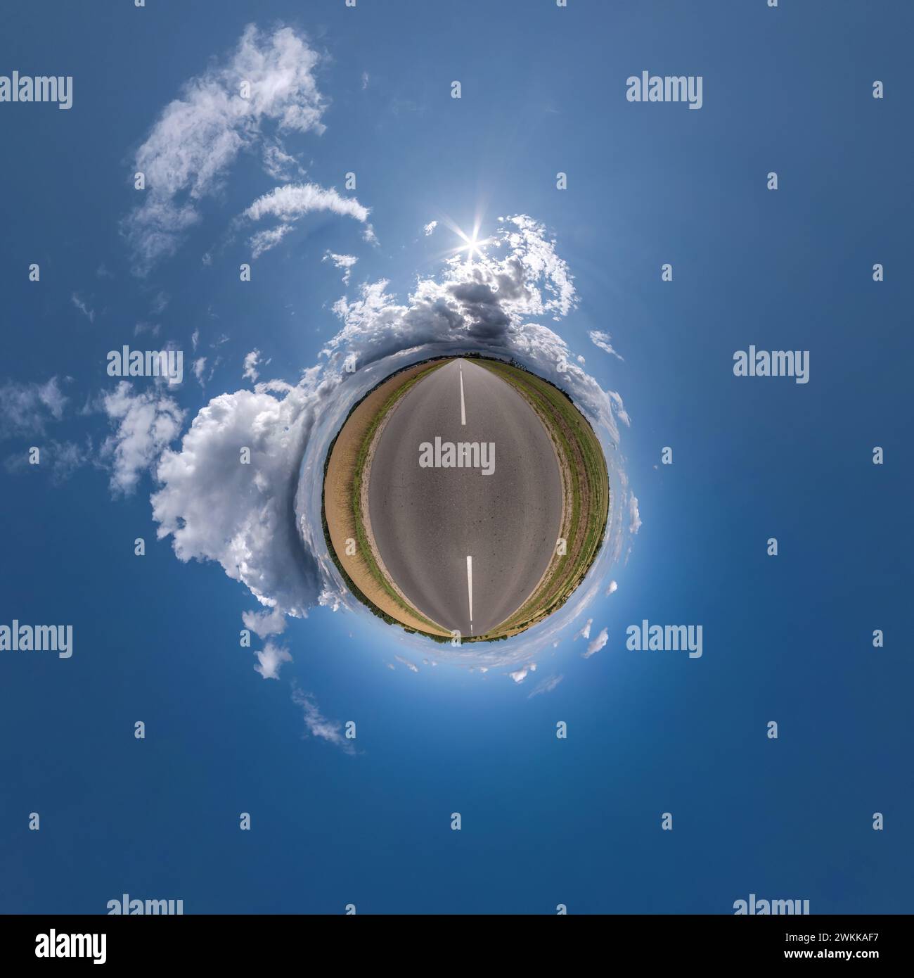 simple green tiny planet without buildings in blue sky with beautiful ...