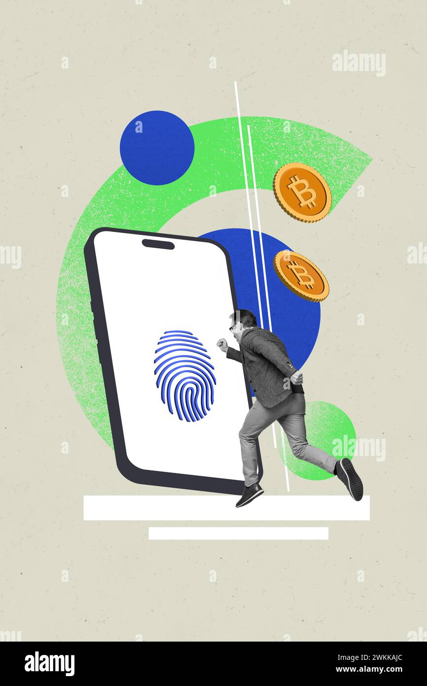 Vertical collage picture young running man smartphone touchscreen ...