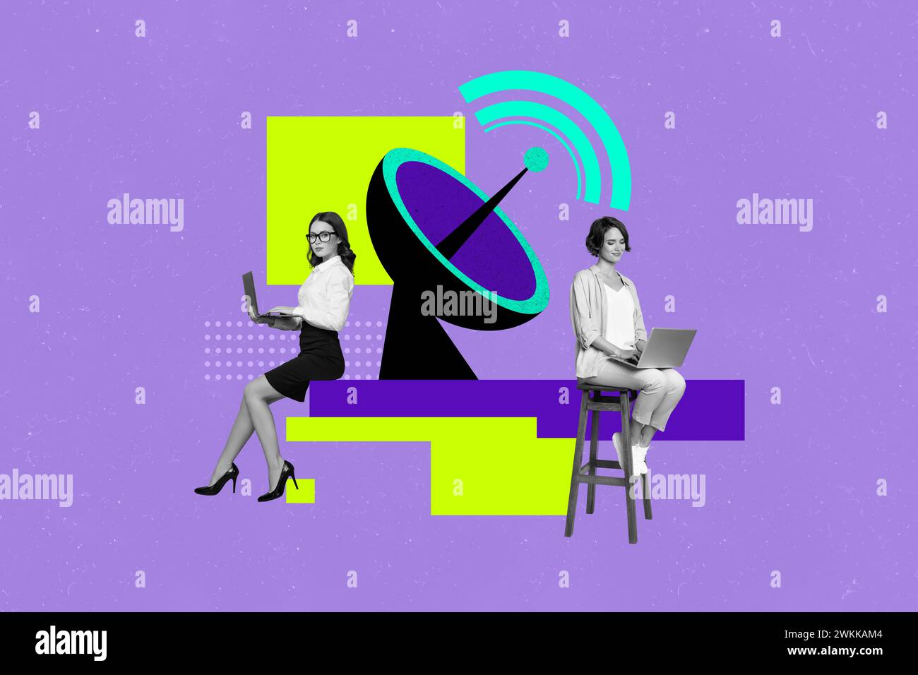 Creative collage picture young two women sit browse computer laptops ...