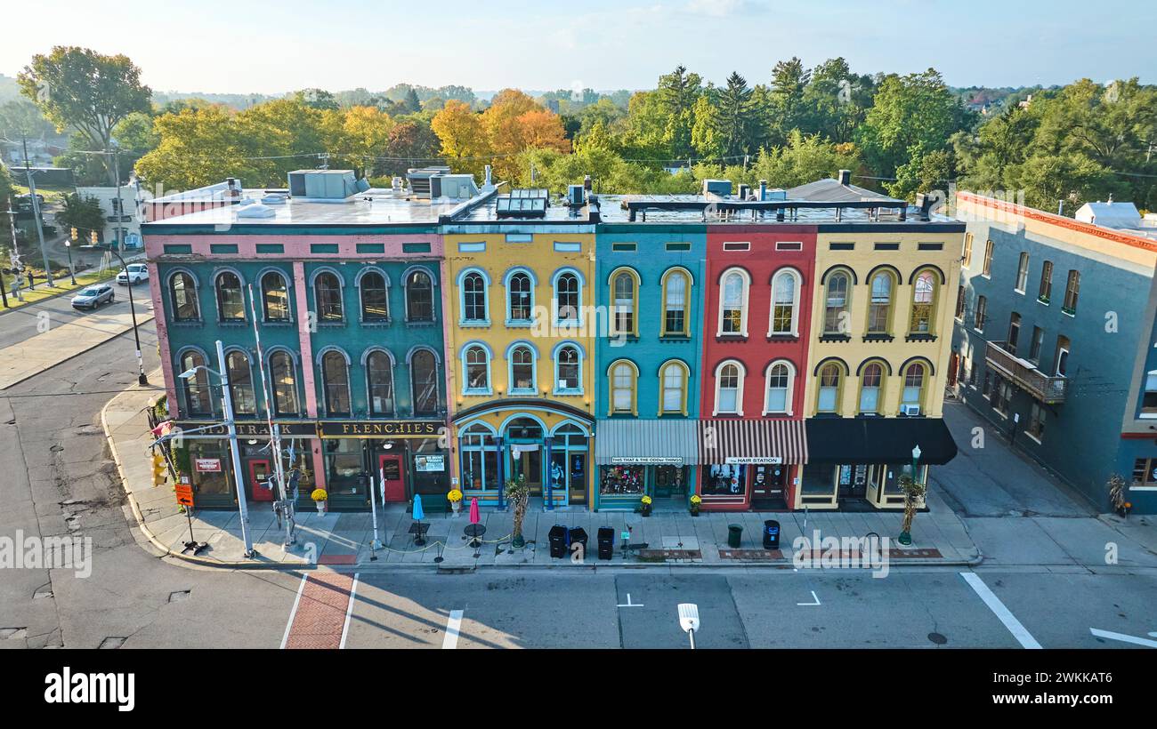 Aerial View of Colorful Historic Downtown Street at Sunrise Stock Photo ...