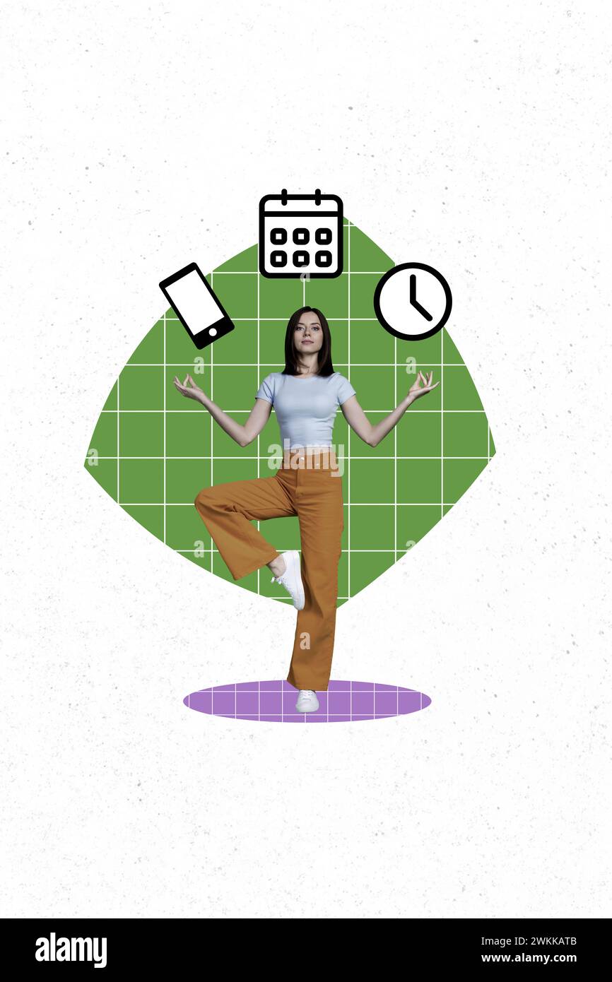 Collage artwork image of focused concentrated woman balancing many ...