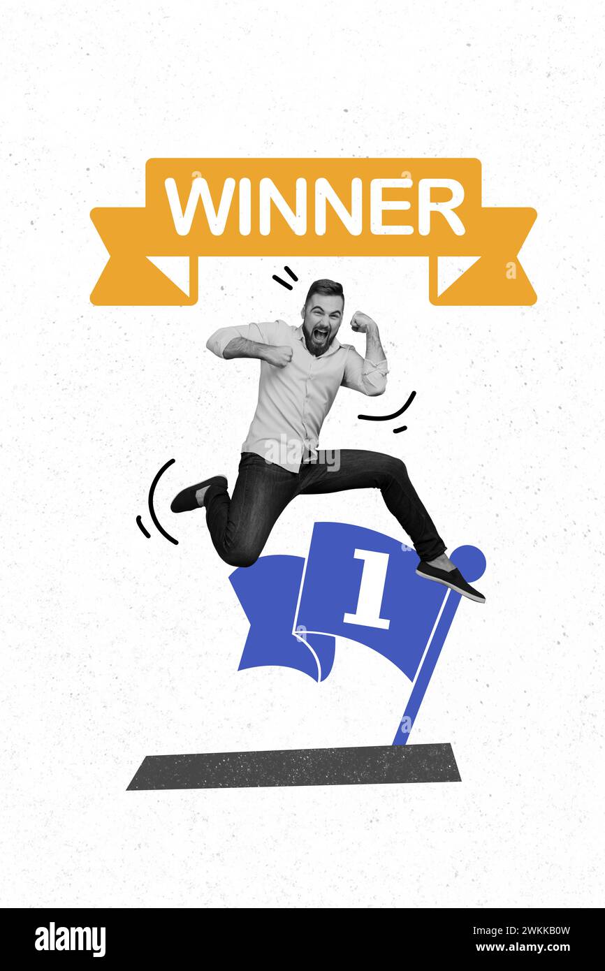 Creative drawing collage picture of funny young man running fast finish ...