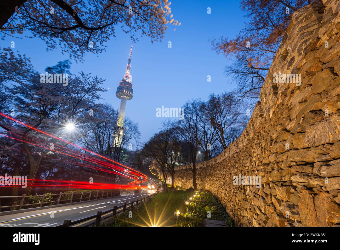 Spring on Namsan Mountain and traditional ancient walls and Namsan ...