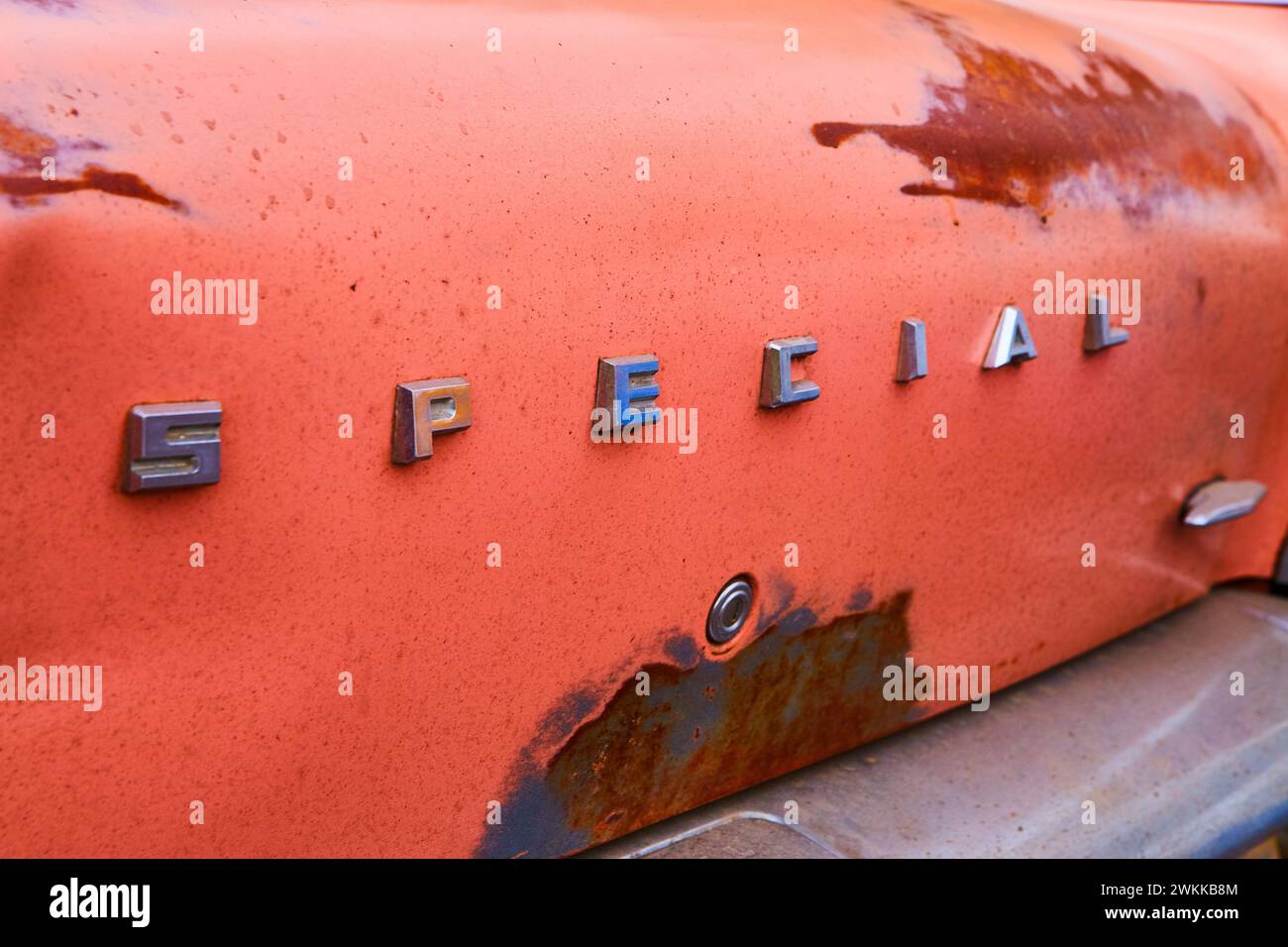 Rusty Vintage Car Detail with SPECIAL Chrome Lettering Stock Photo - Alamy