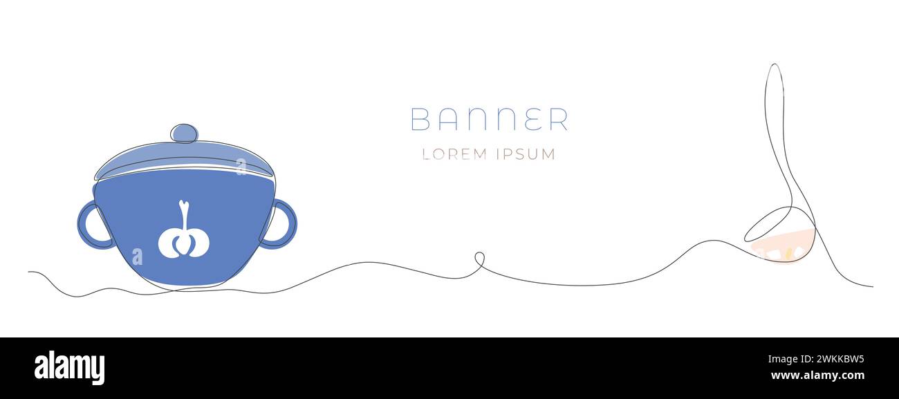 Continuous one line hand drawing hot soup pot, ladle banner. Vector ...