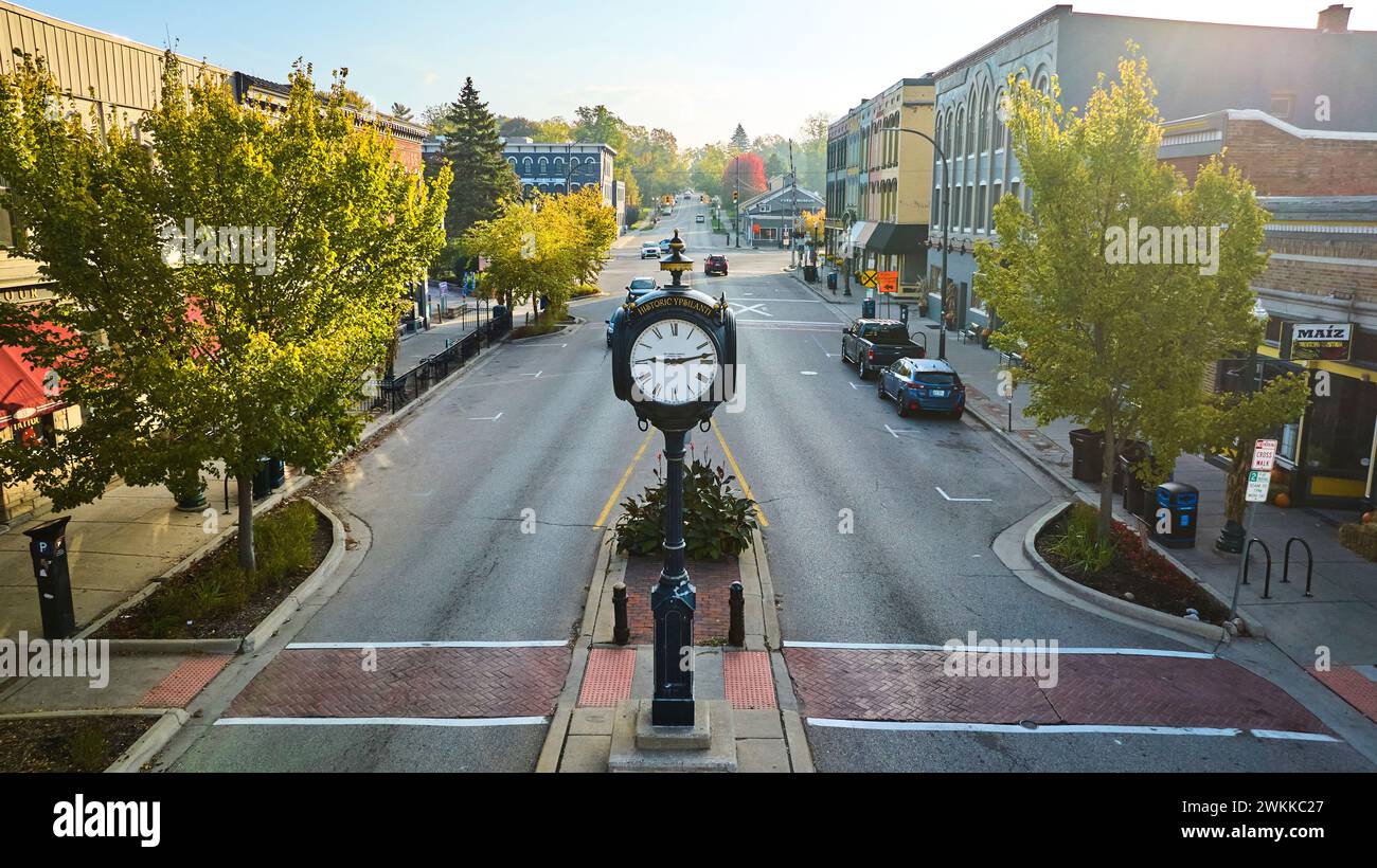 Aerial View of Ypsilanti Main Street with Vintage Clock and Green Trees ...