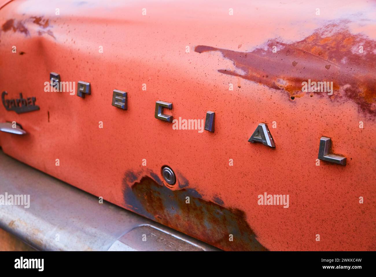 Vintage Car Chrome Lettering on Rusty Panel - Close-Up Detail Stock ...