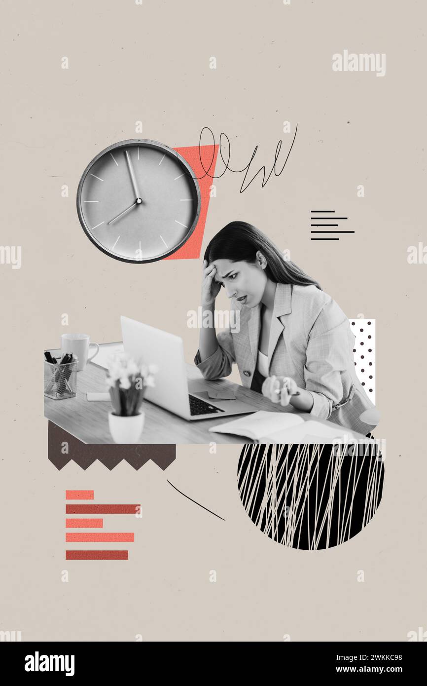 Vertical collage poster sitting overloaded woman employee missing ...