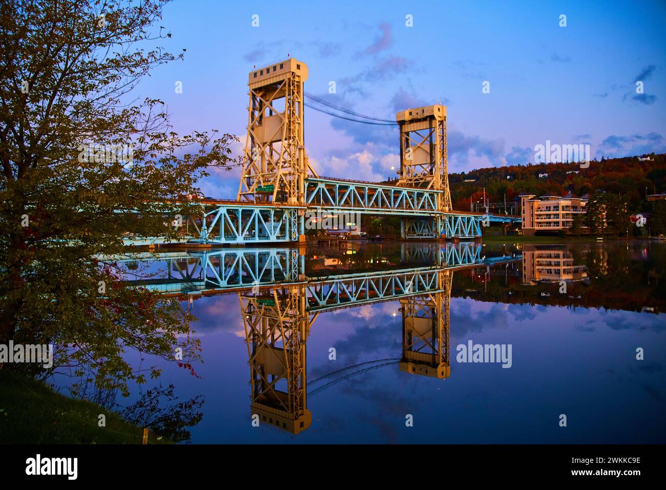 Autumn Evening at Portage Lake Lift Bridge with Reflection Stock Photo ...