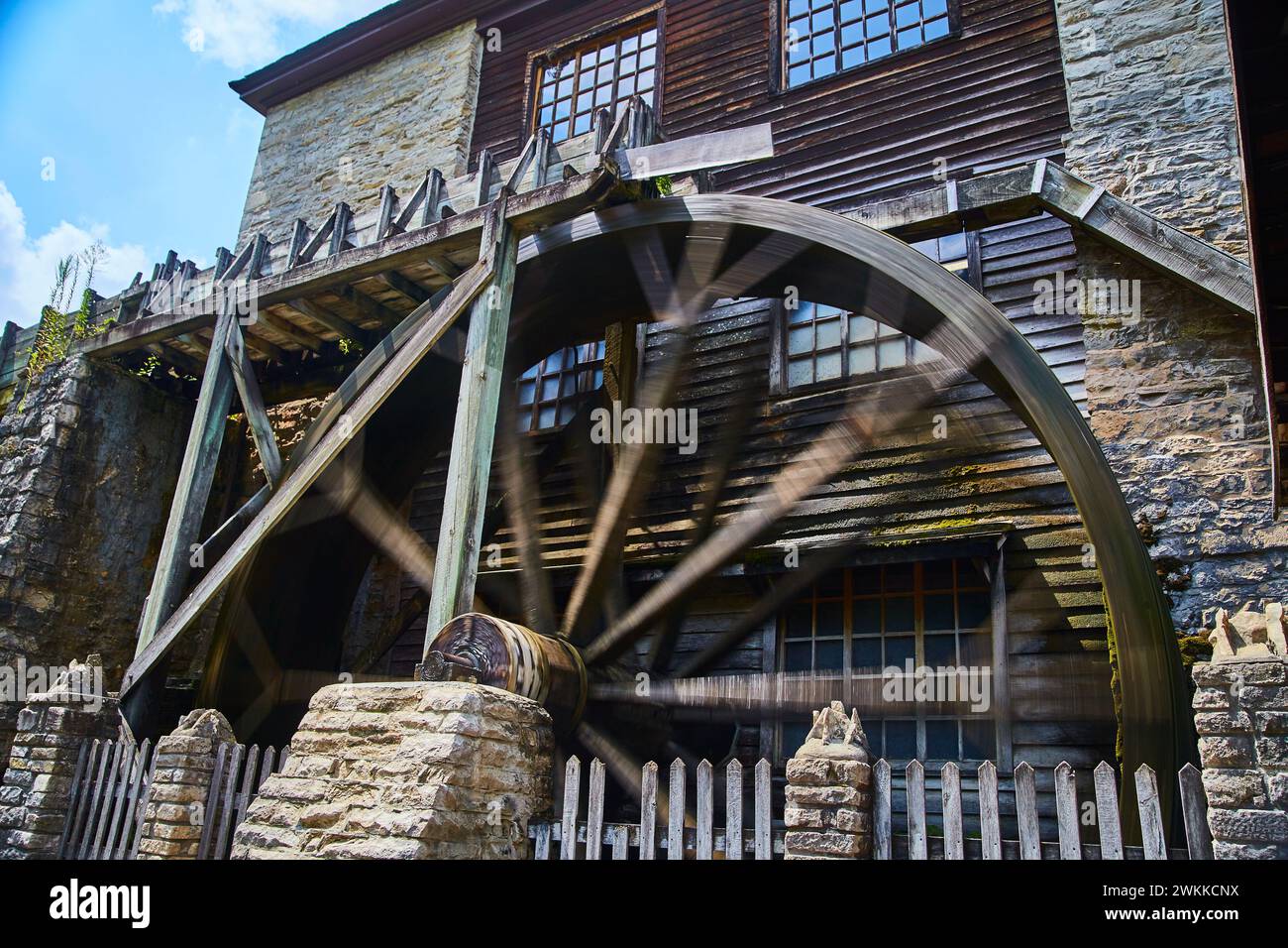 Rustic Waterwheel Motion at Old Mill with Picket Fence Stock Photo - Alamy