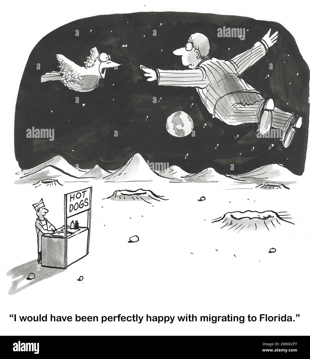 BW cartoon of a bird and man who have just migrated to the moon. The ...