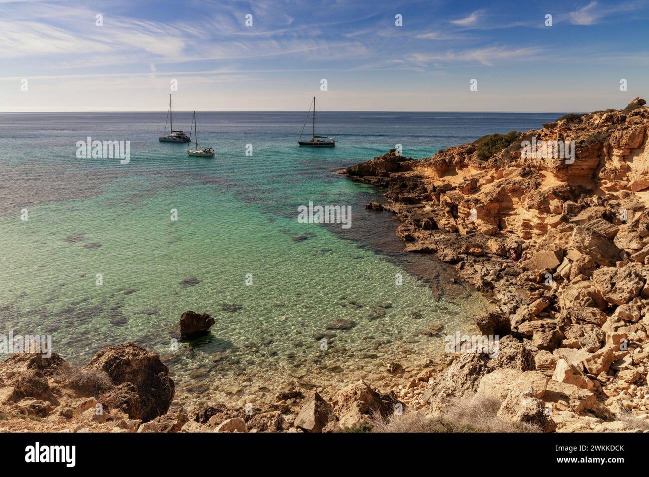landscape view of an idyllic cove at Es Cap Enderrocat in southern ...