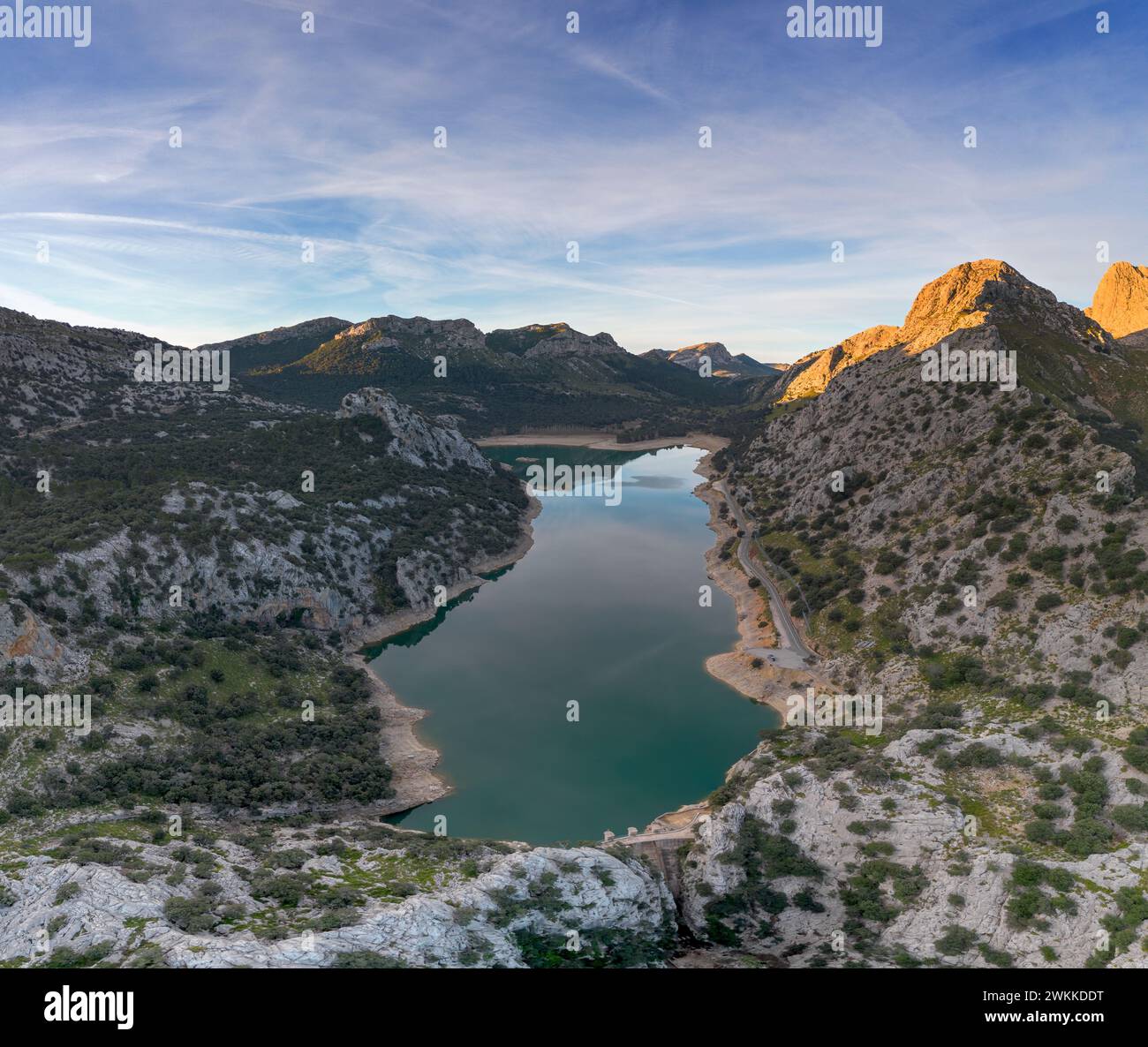 An aerial view of the picturesque Gorg Blau mountain lake and reservoir ...