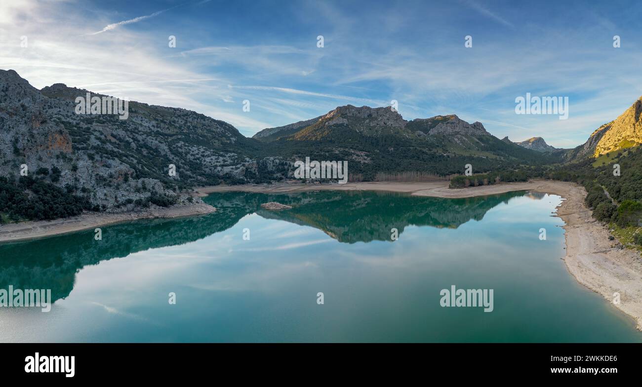 An aerial view of the picturesque Gorg Blau mountain lake and reservoir ...