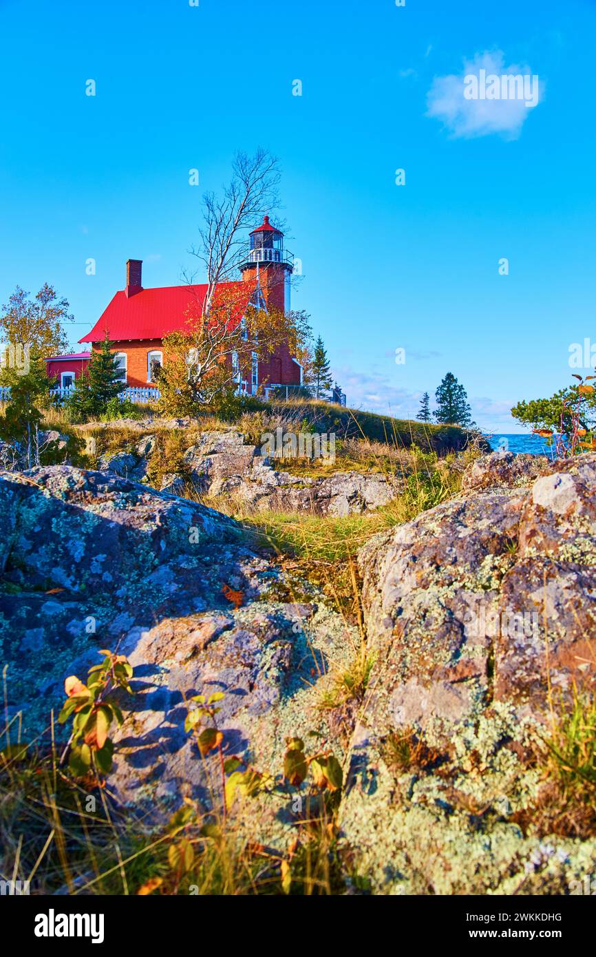 Eagle Harbor Lighthouse on Rocky Cliff, Lake Superior, Upward View ...