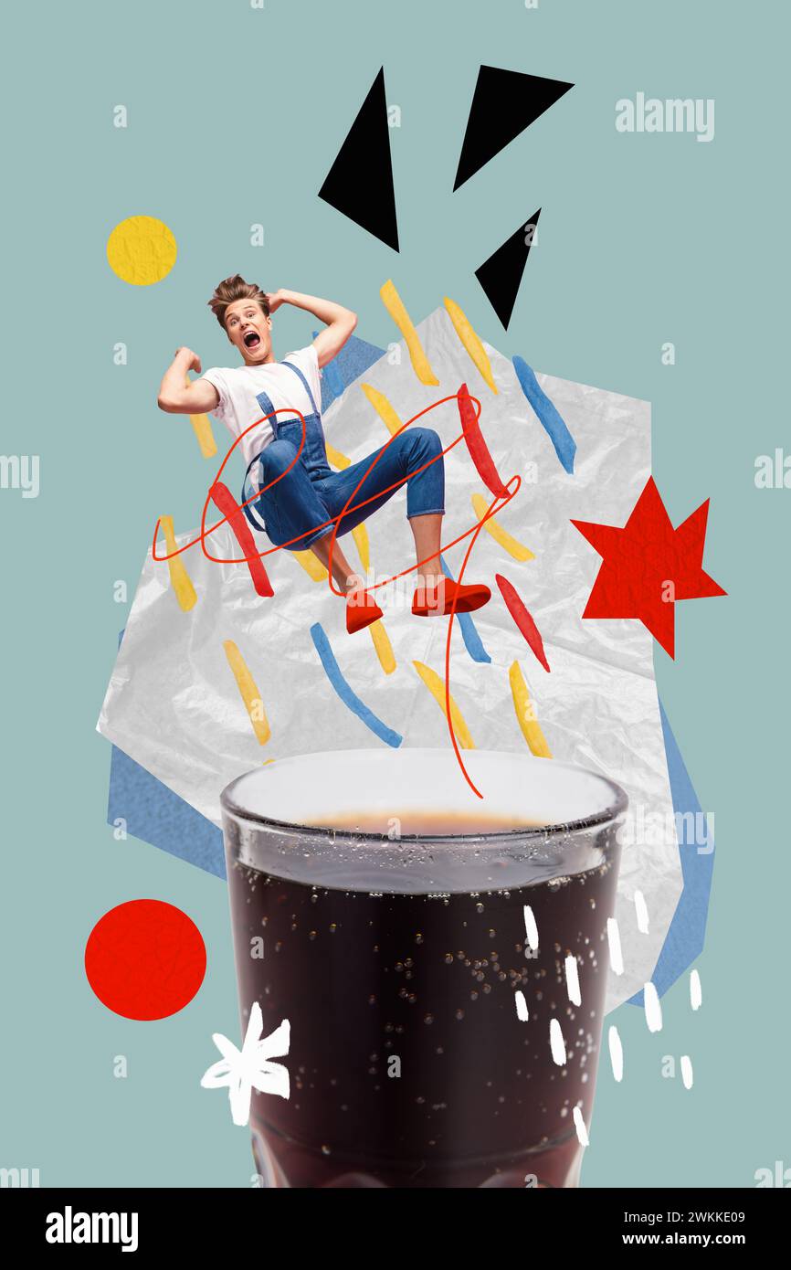 Vertical collage poster young screaming man jump glass mug coke cola ...