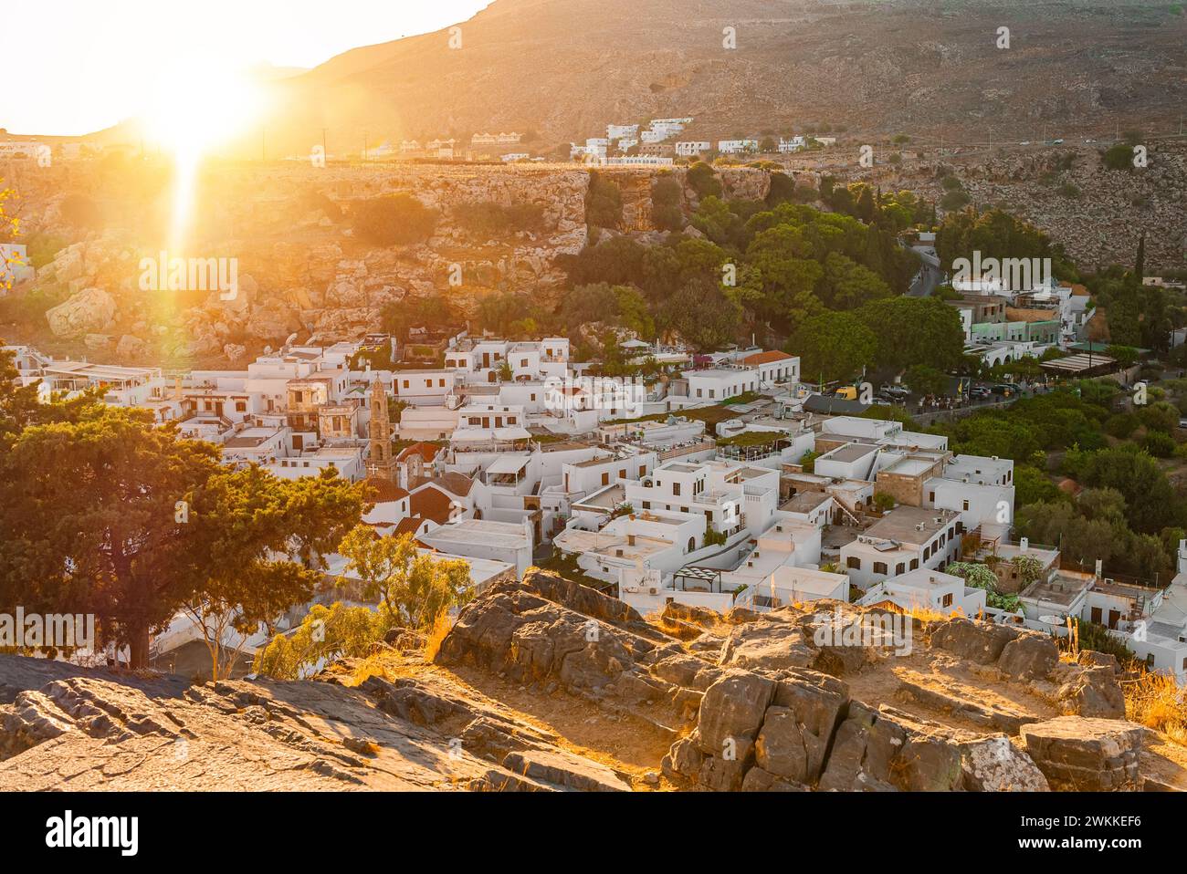 Snow-white roofs of the city of Lindos, Rhodes island, Greece Stock ...