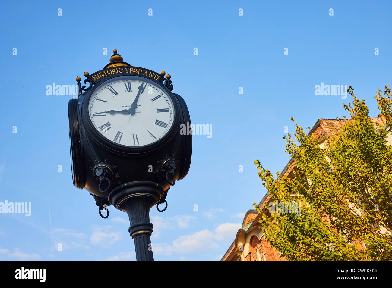 Historic Ypsilanti Street Clock, Brick Building, Michigan Stock Photo ...