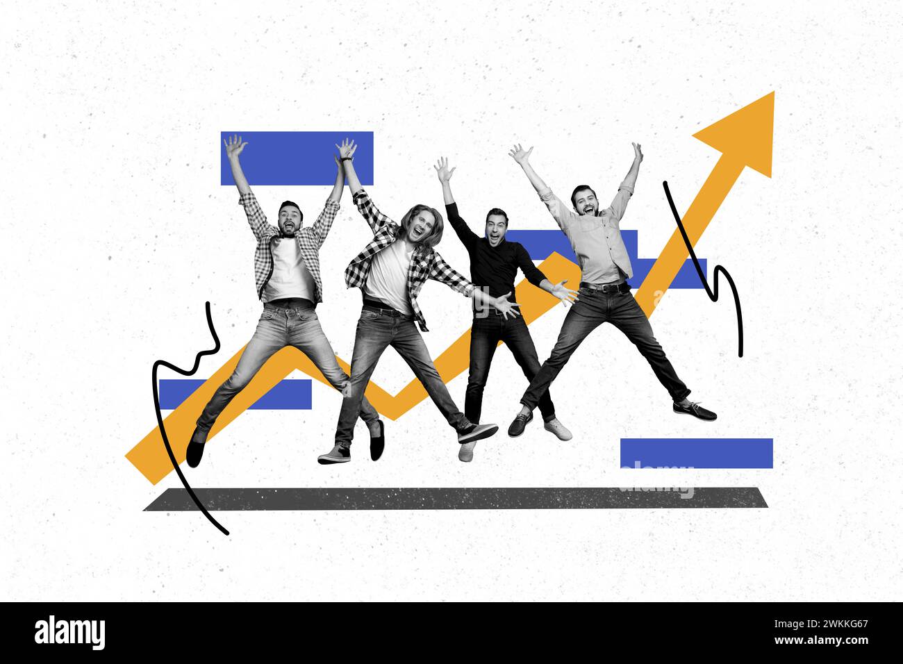 Collage artwork sketch of happy people business team celebrate success ...