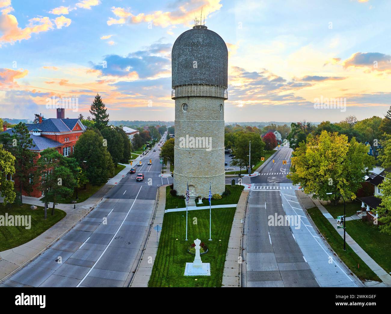 Aerial Golden Hour at Ypsilanti Water Tower with Flags Stock Photo - Alamy