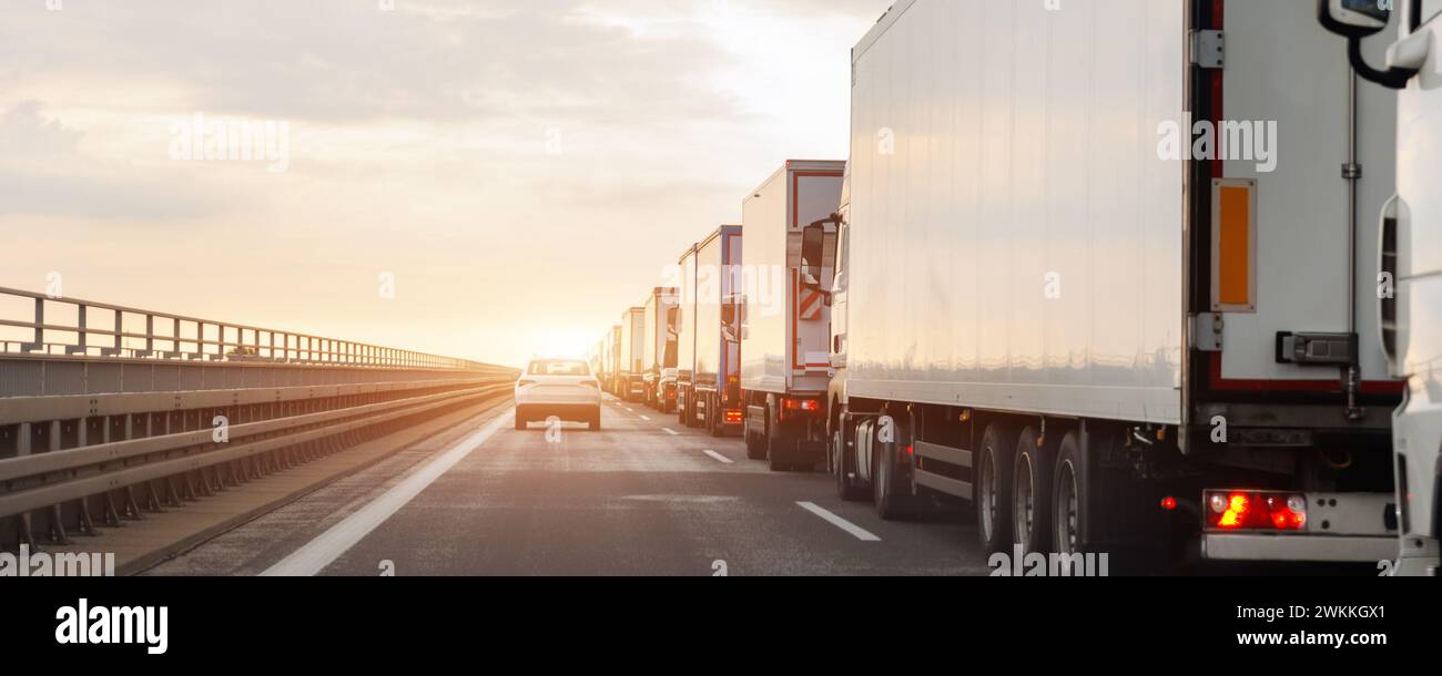 Queue of Trucks on Ukraine-Poland Border traffic jam at Sunset During ...