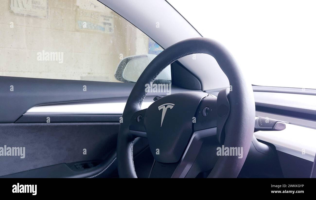 Inside View of a Tesla Model 3 During a Self-Service Car Wash Stock ...