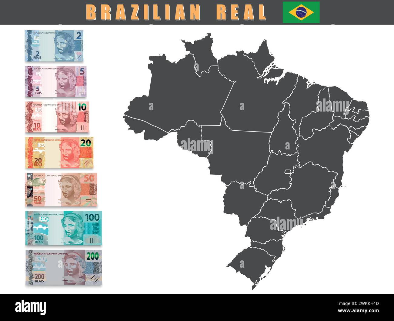 Set of Brazilian money with Brazilian map. Vector illustration Stock ...