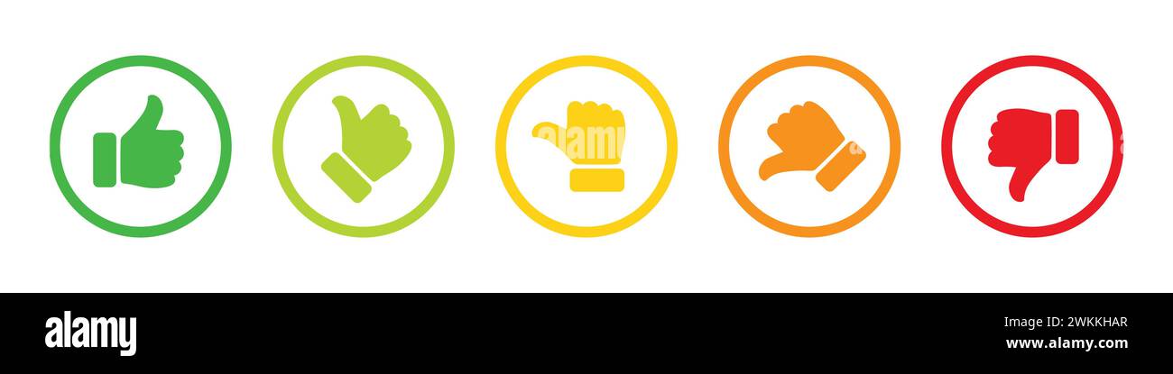 Rating and feedback scale with thumb symbol in green, yellow and red ...