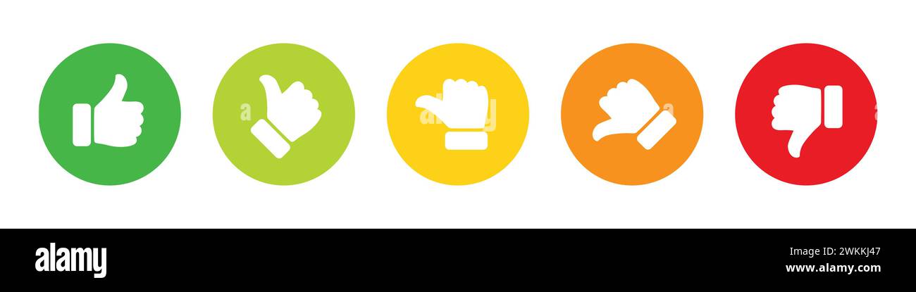 Rating and feedback scale with thumb symbol in green, yellow and red ...