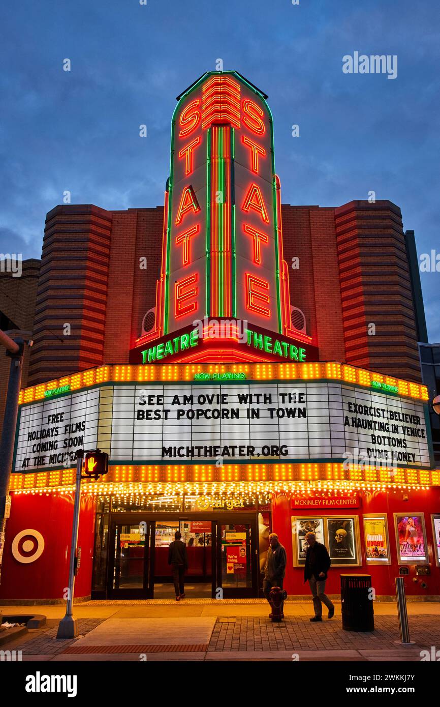 Vibrant State Theatre Neon Facade at Blue Hour, Ann Arbor Stock Photo ...