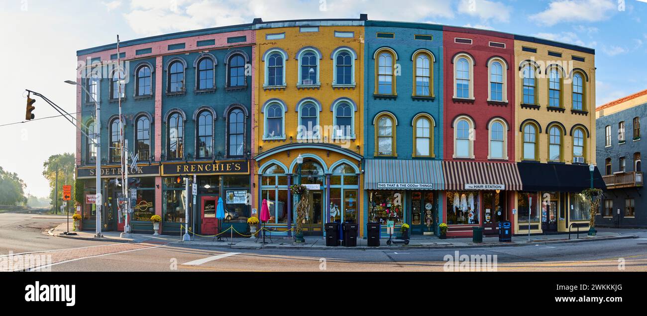 Colorful Historic Storefronts at Dawn - Ypsilanti Panorama Stock Photo ...
