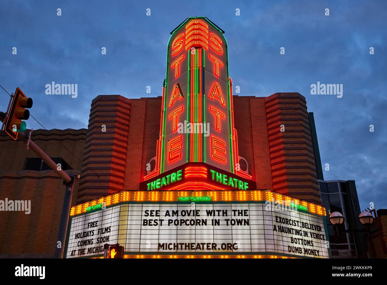 Vintage Neon Theatre Marquee at Blue Hour, Urban Street View Stock ...
