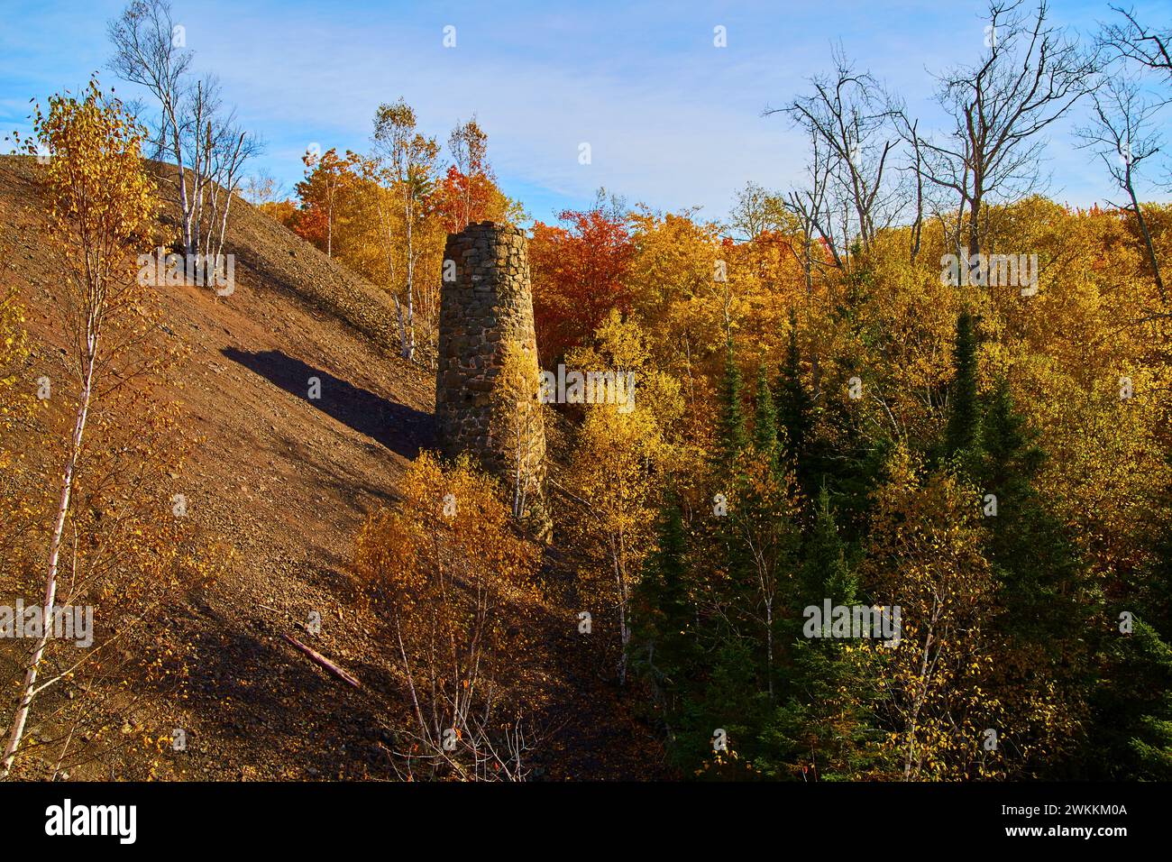 Autumn Splendor with Historic Chimney and Birch Trees Stock Photo - Alamy