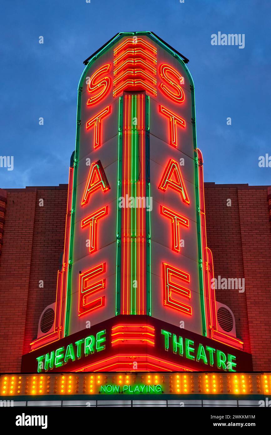 Twilight Neon Glow of State Theatre Sign, Vintage Americana Stock Photo ...