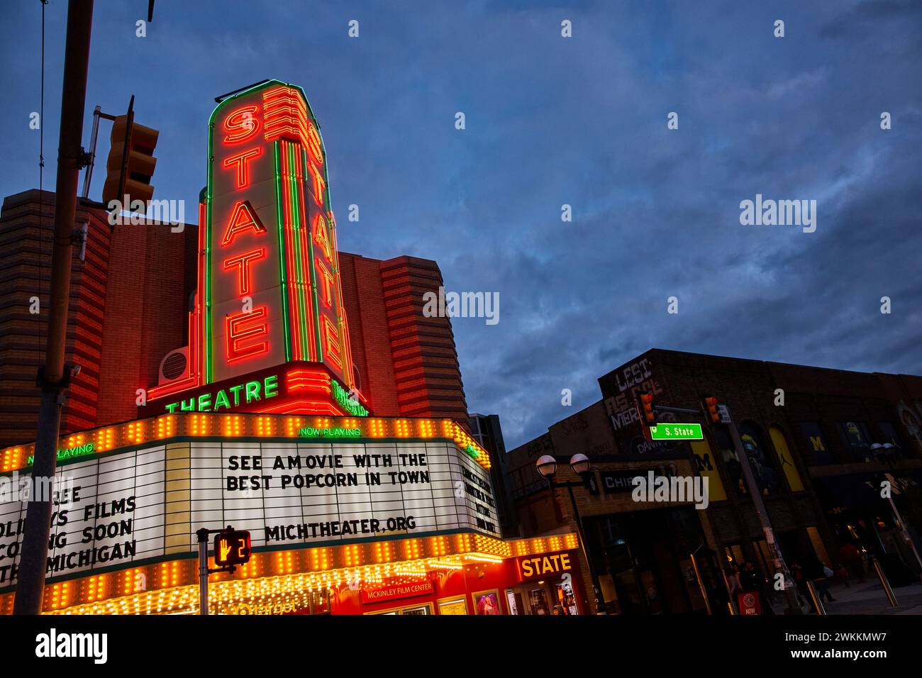 State Theatre Neon Marquee at Twilight, Urban Street Scene Stock Photo ...